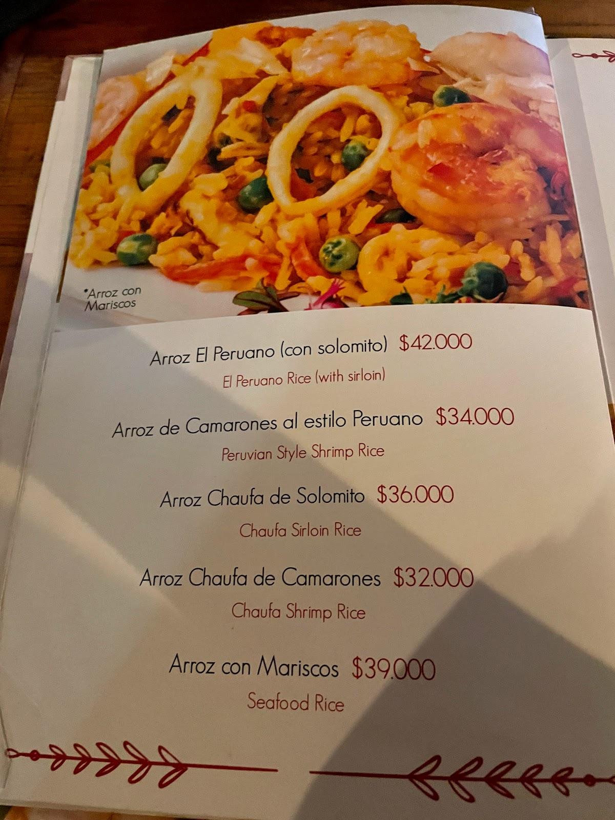 Menu at EL PERUANO restaurant, San Andrés
