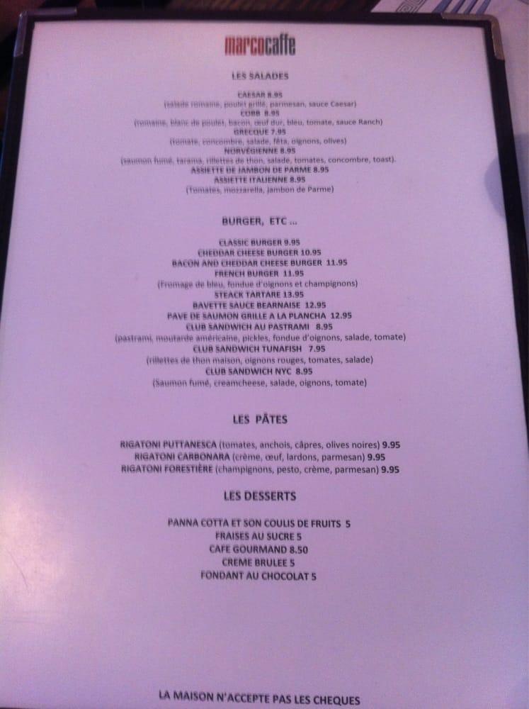 Menu at Marco Caffè restaurant, Paris