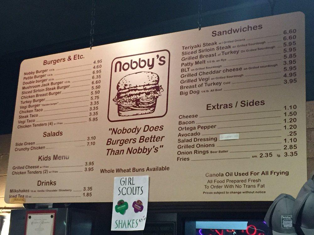 Menu at Nobby's restaurant, Chico