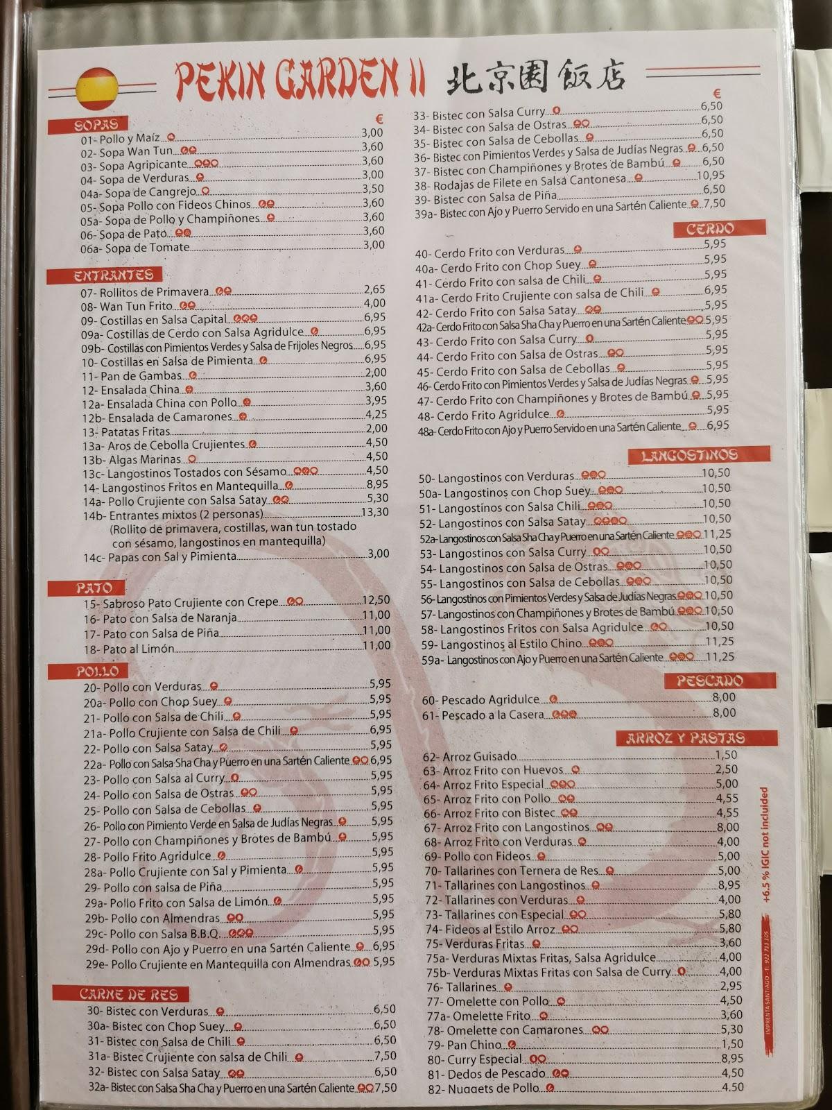 Carta de Restaurante Pekin Garden, Acantilados de los Gigantes