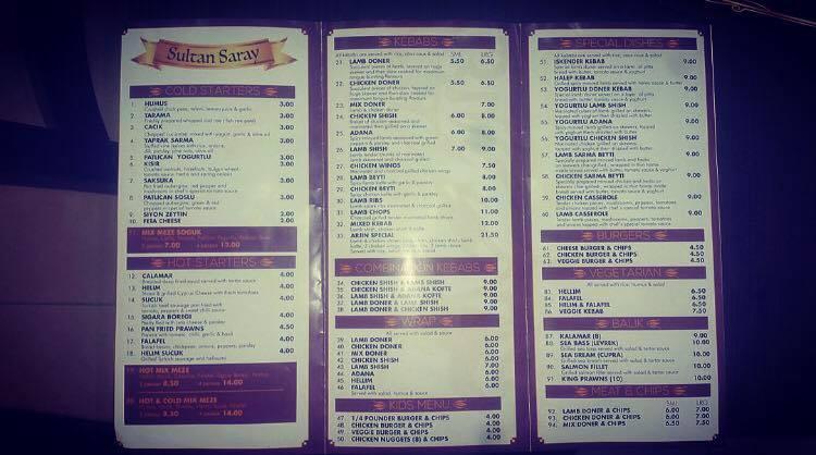 Menu at Sultan Saray Restaurant, London