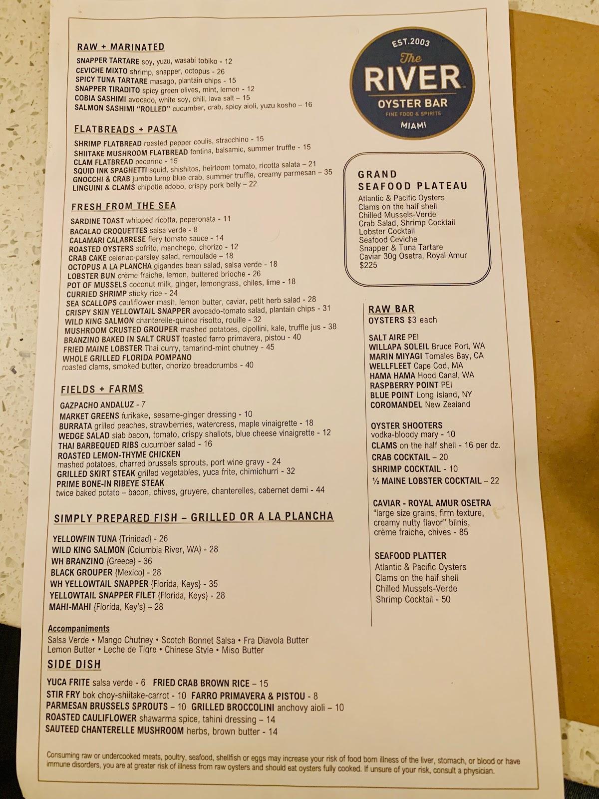 Menu at The River Oyster Bar, Miami