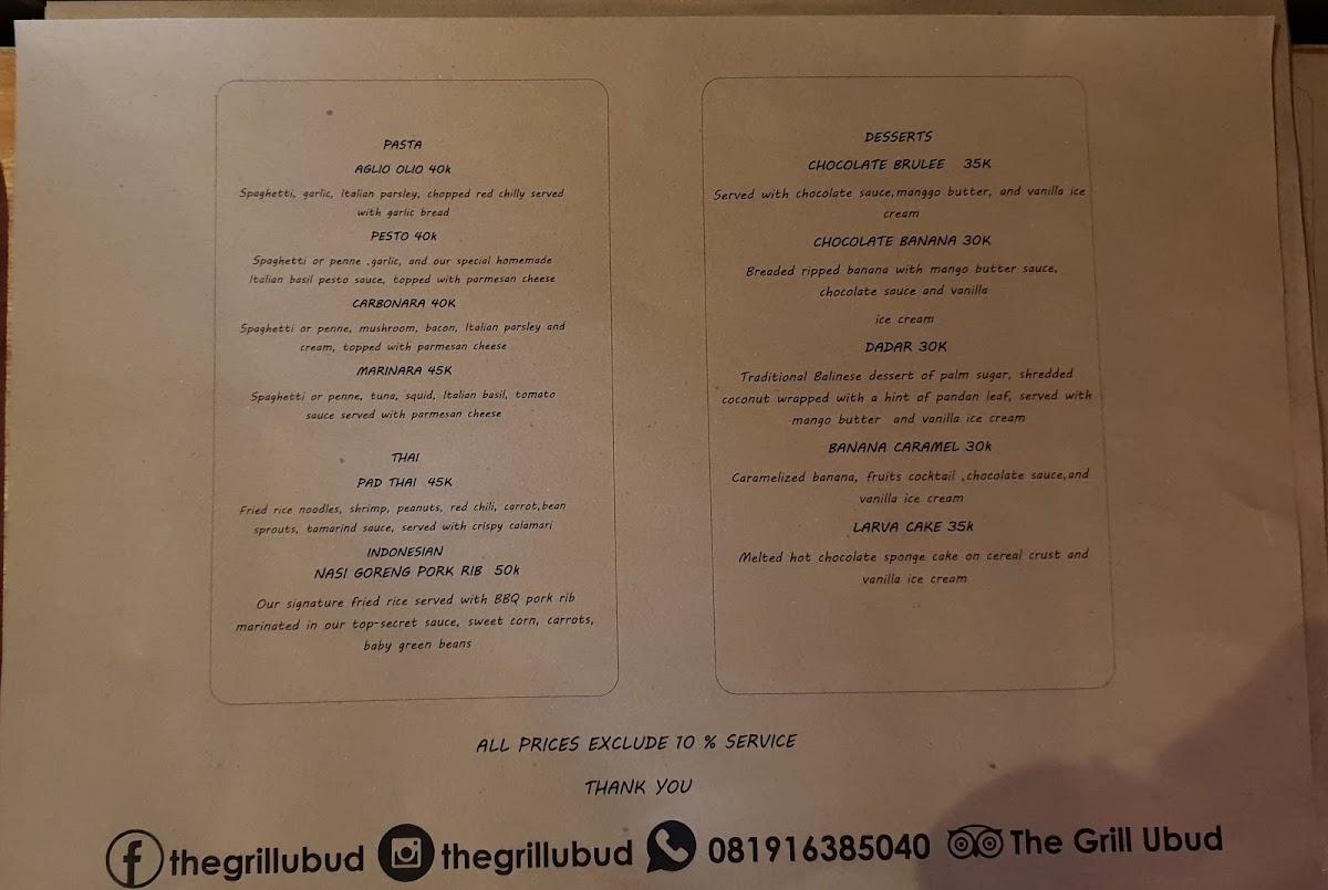 Carta del pub y bar The grill ubud, Gianyar