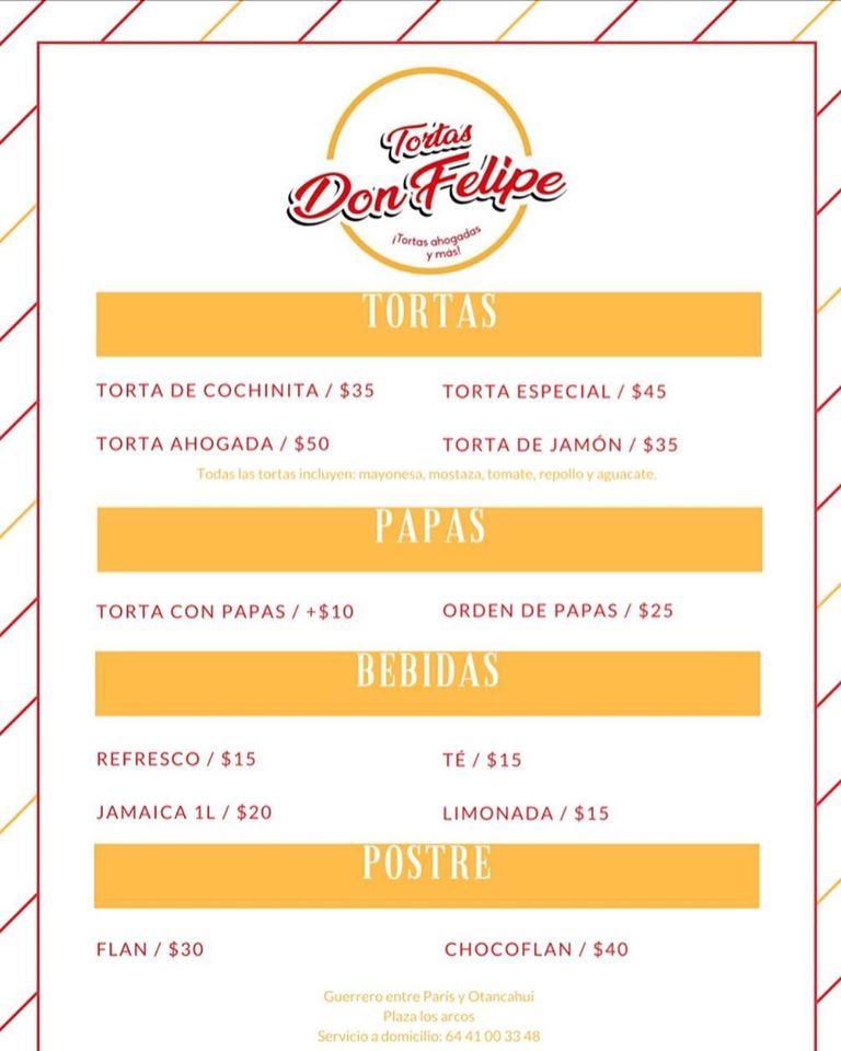Menu at Tortas Don Felipe restaurant, Ciudad Obregón