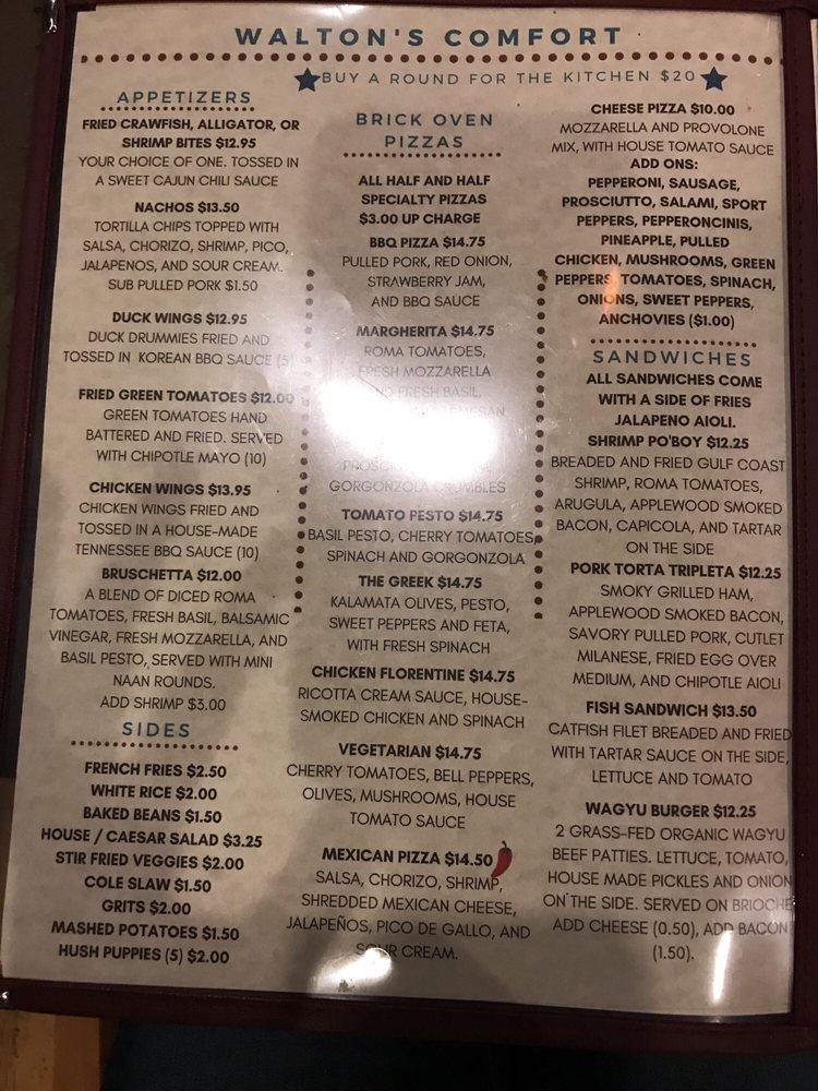 Menu at Walton's Smokehouse and Southern Kitchen pizzeria, Evansville
