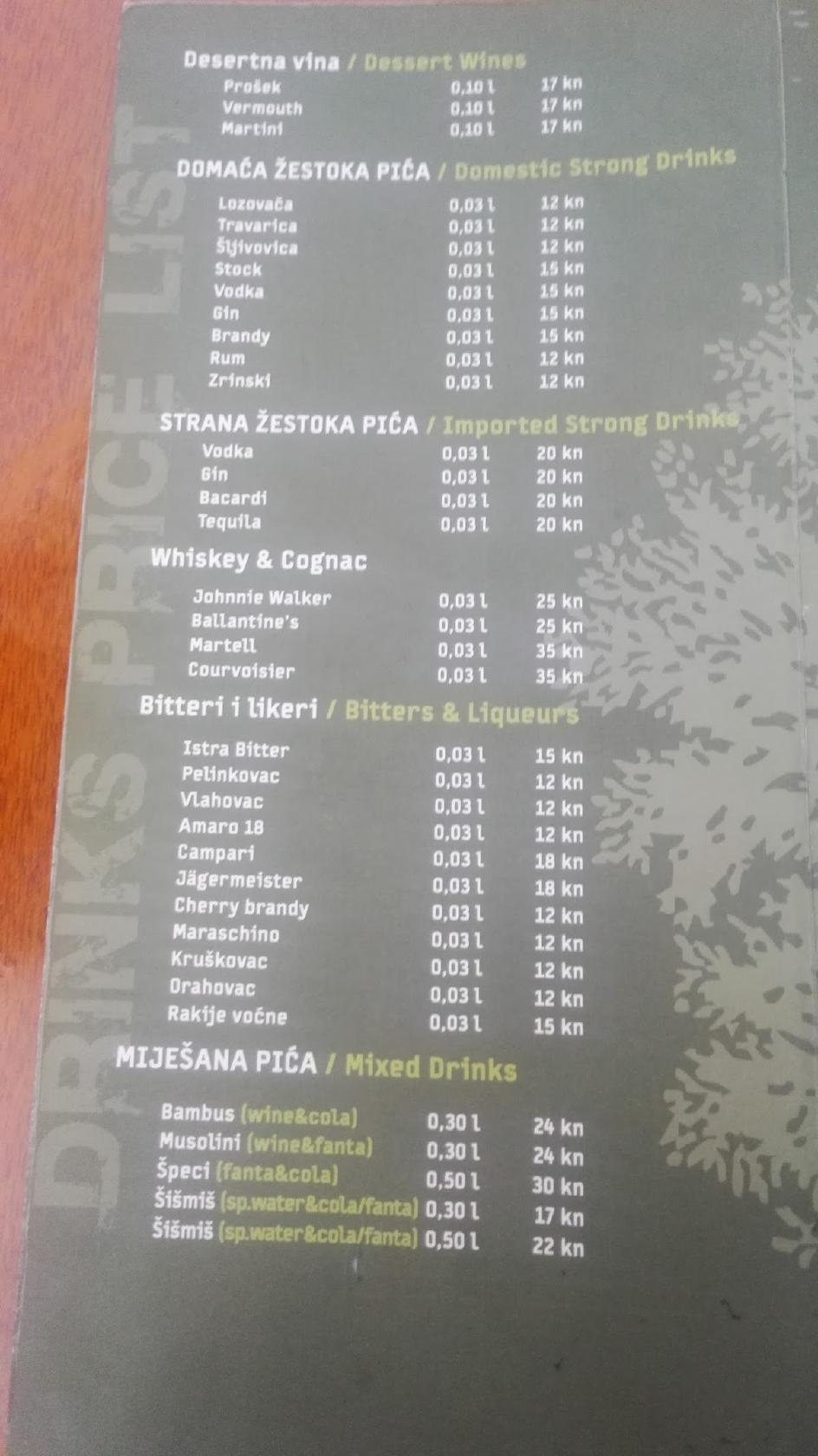Menu at bistro Olea restaurant, Tučepi