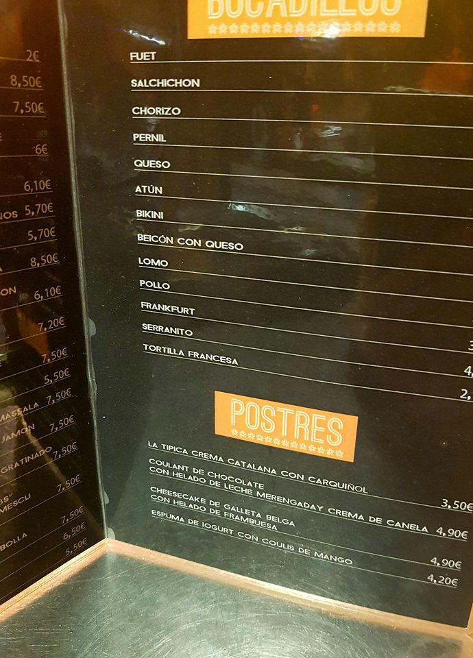 Menu at Bar Los Tres, Barcelona