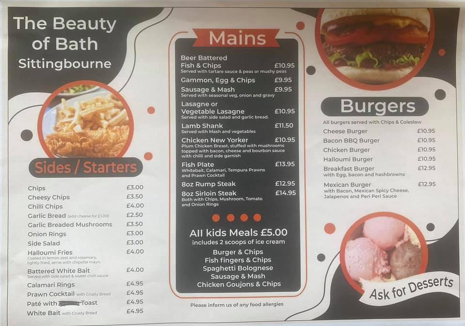 Menu at The Beauty of Bath pub & bar, Sittingbourne