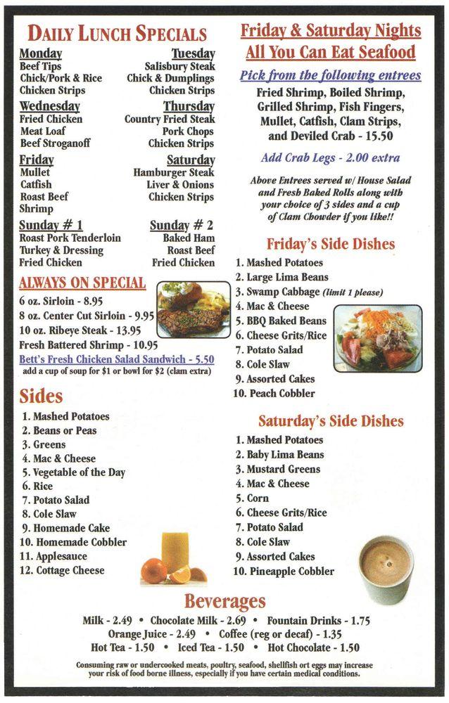Menu at Bett's Big T Restaurant, Chiefland