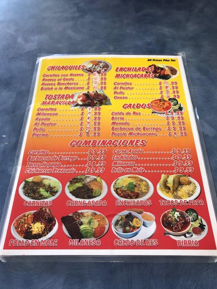 Menu at Carnitas Las Michoacanas restaurant, San Diego, University Ave