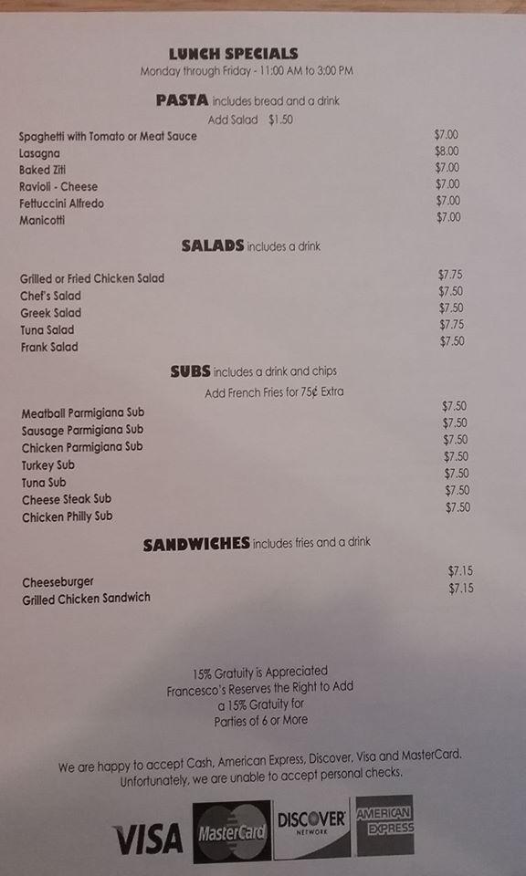 Menu at Francesco's Pizza Italian pizzeria, Winston-Salem, 930 Gramercy ...