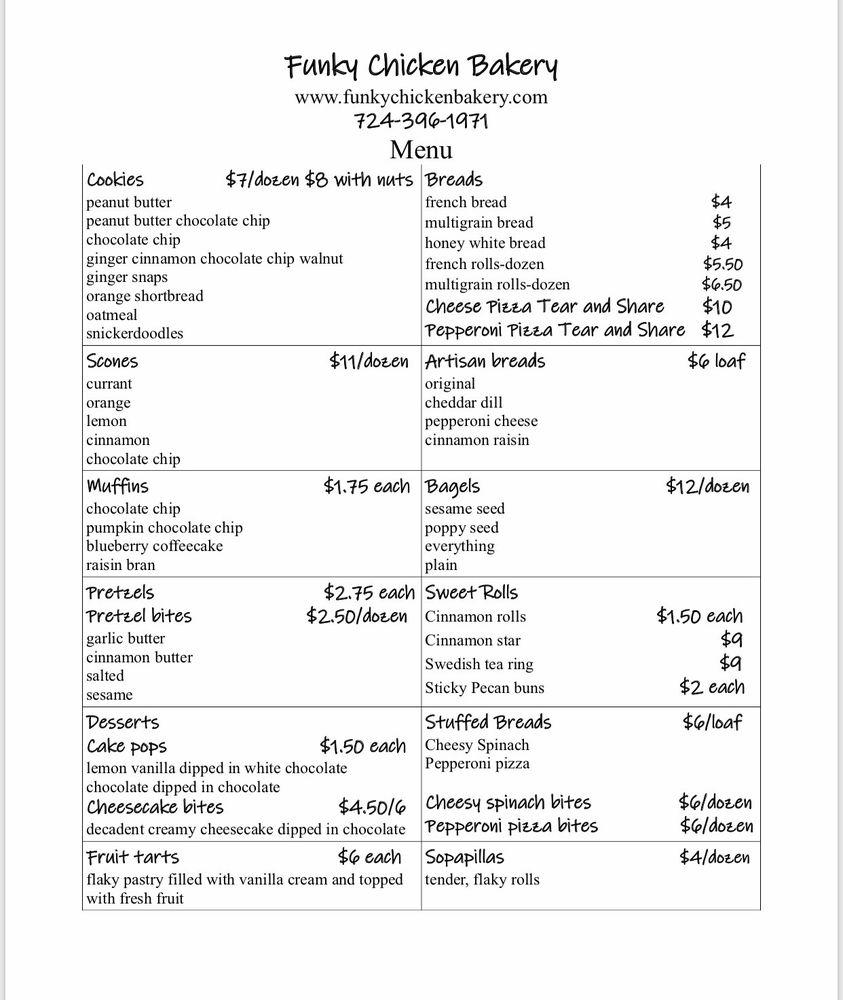 Menu at Funky Chicken Bakery, Murrysville