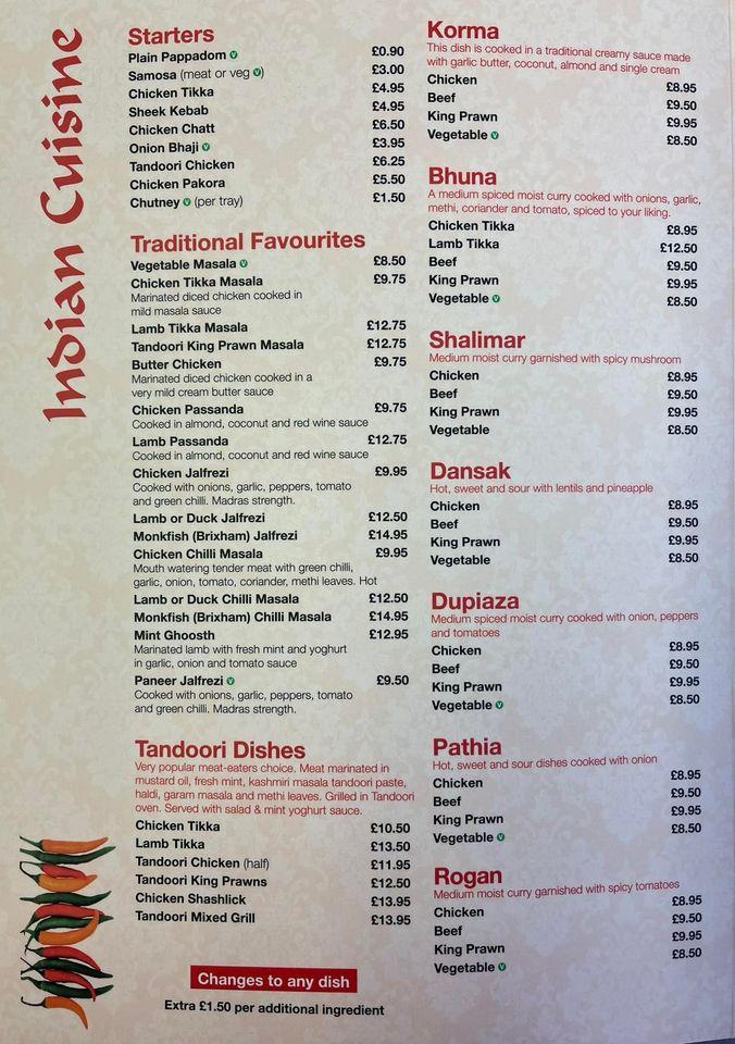 Menu at Indian-Thai restaurant, Brixham