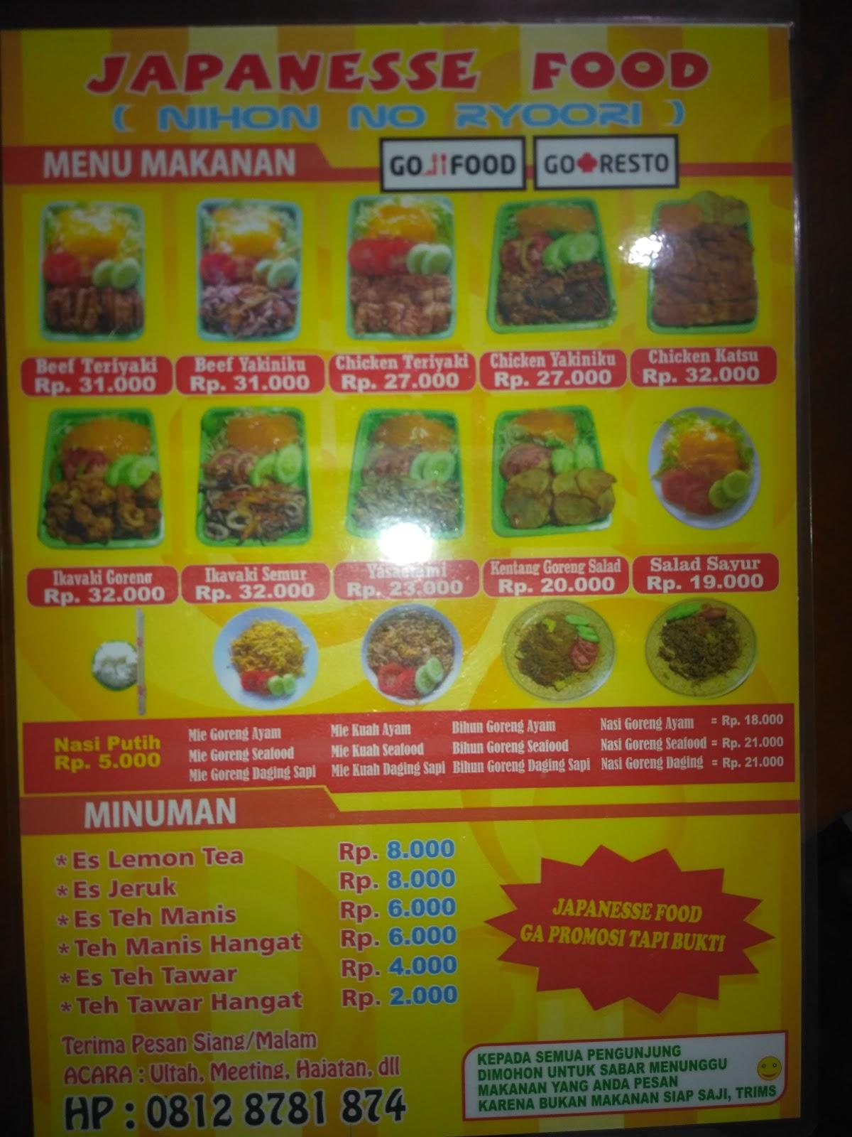 Menu at Japanesse food restaurant, Purbalingga