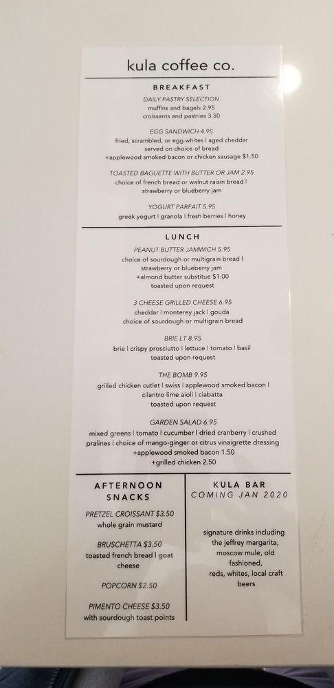 Menu at Kula Coffee Co restaurant, Atlanta