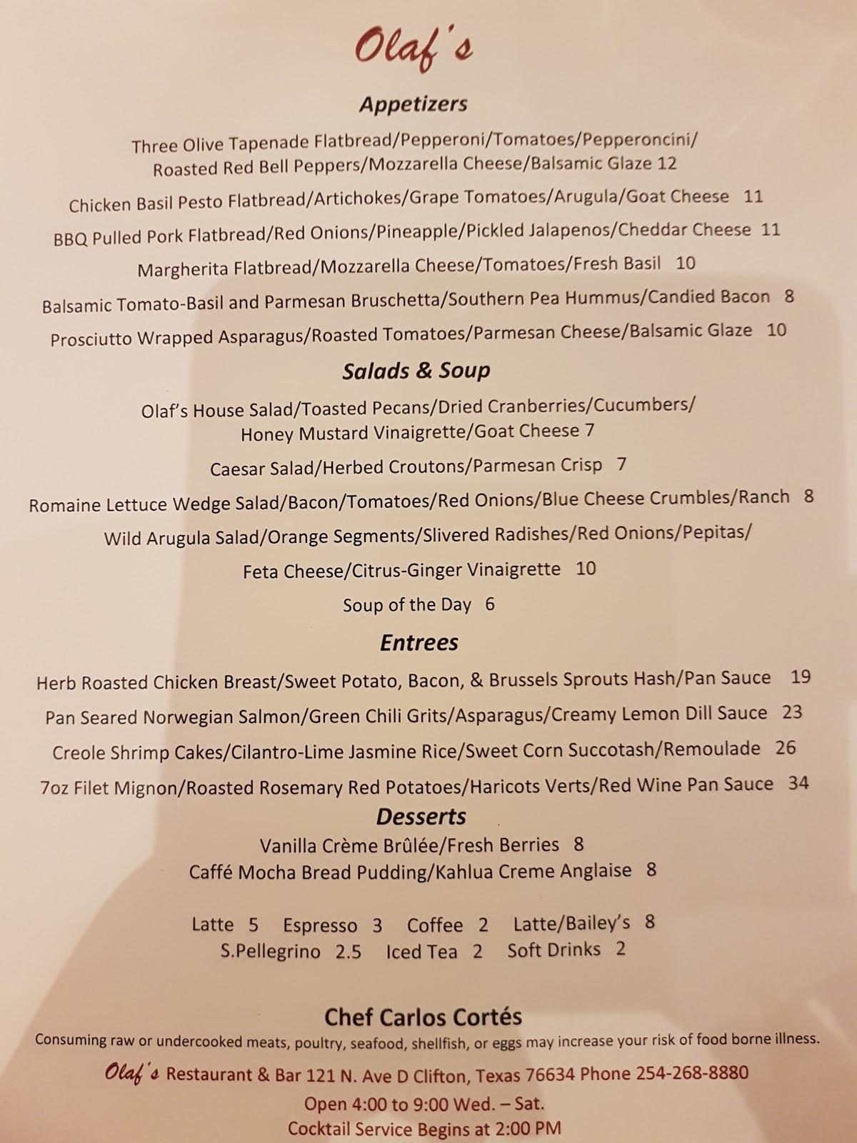 Menu at Olaf's Restaurant and Bar, Clifton