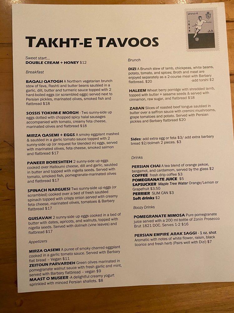 Menu at Takht-e Tavoos Restaurant, Toronto