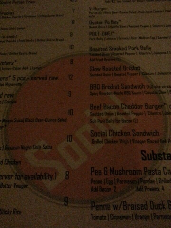 Menu at The Social Bar & Grill, Tacoma