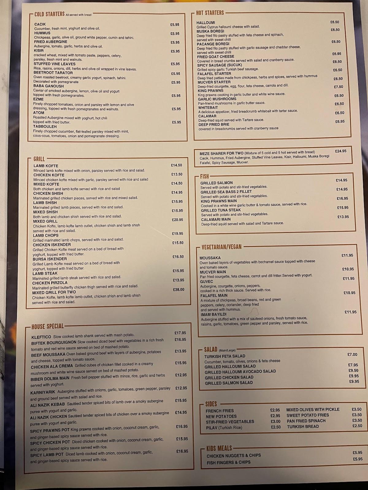 Carta del restaurante Turkish Kitchen Meze and grill, Durham
