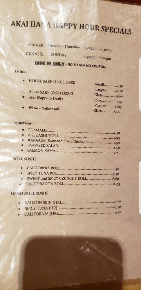 Menu at Akai Hana restaurant, San Diego