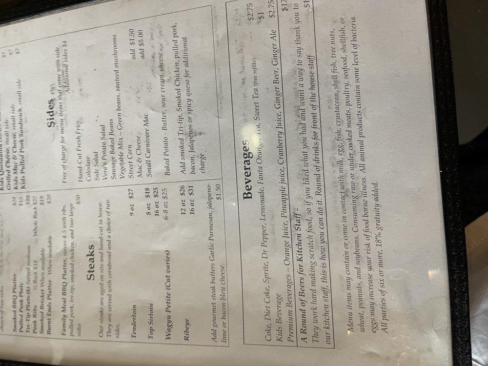 Menu at Carnivores Meats & Drinks steakhouse, Saint Robert