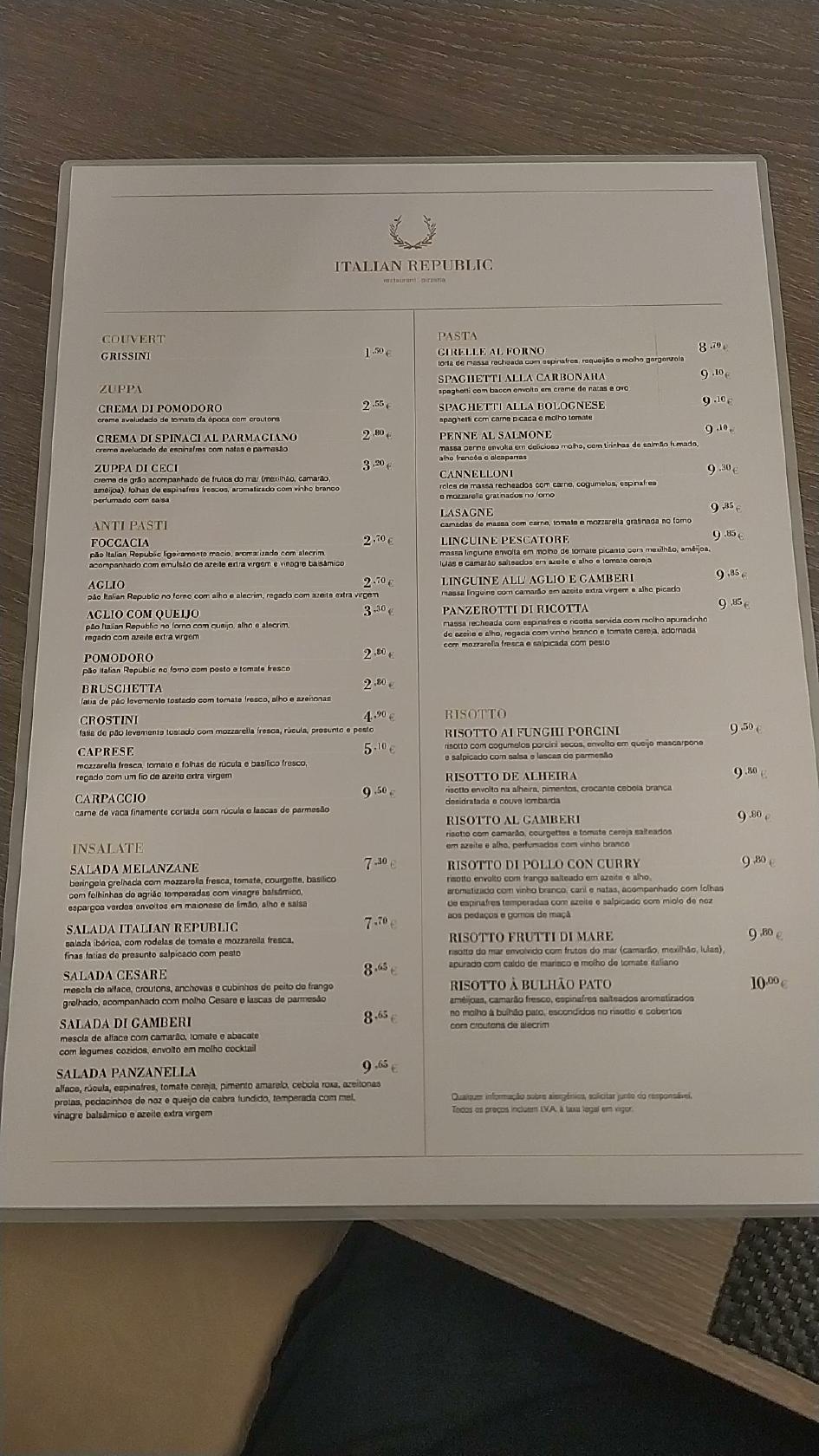 Menu em Italian Republic, Aveiro