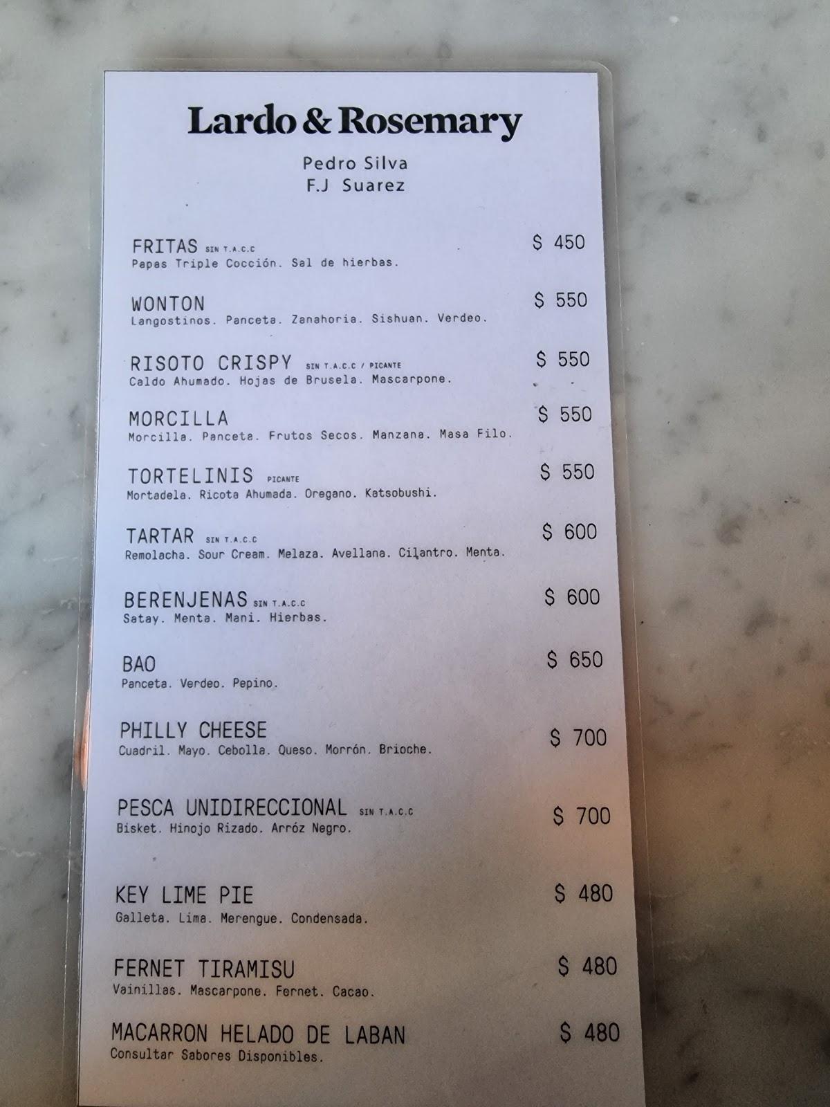 Menu at Lardo & Rosemary restaurant, La Lucila