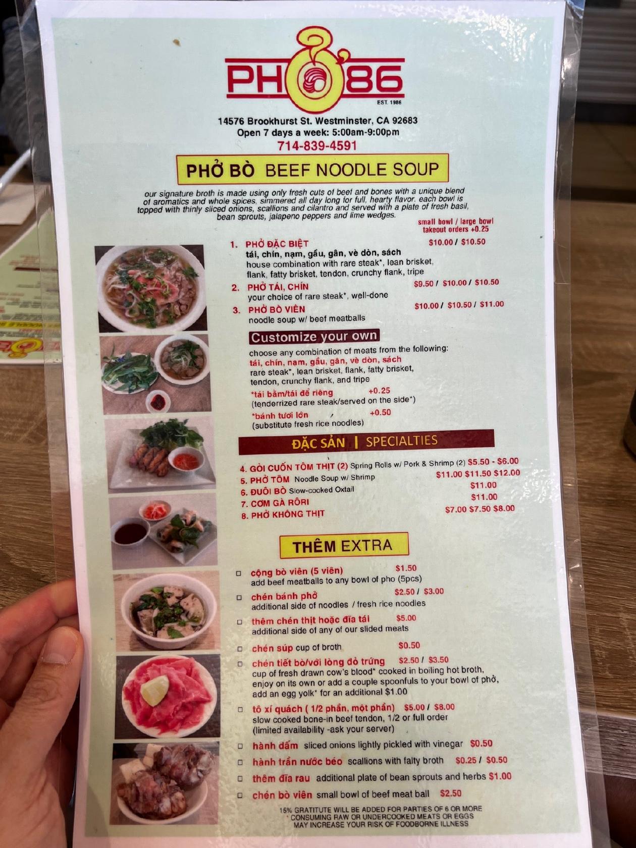 Menu at Phở 86 Restaurant, Westminster, Brookhurst St