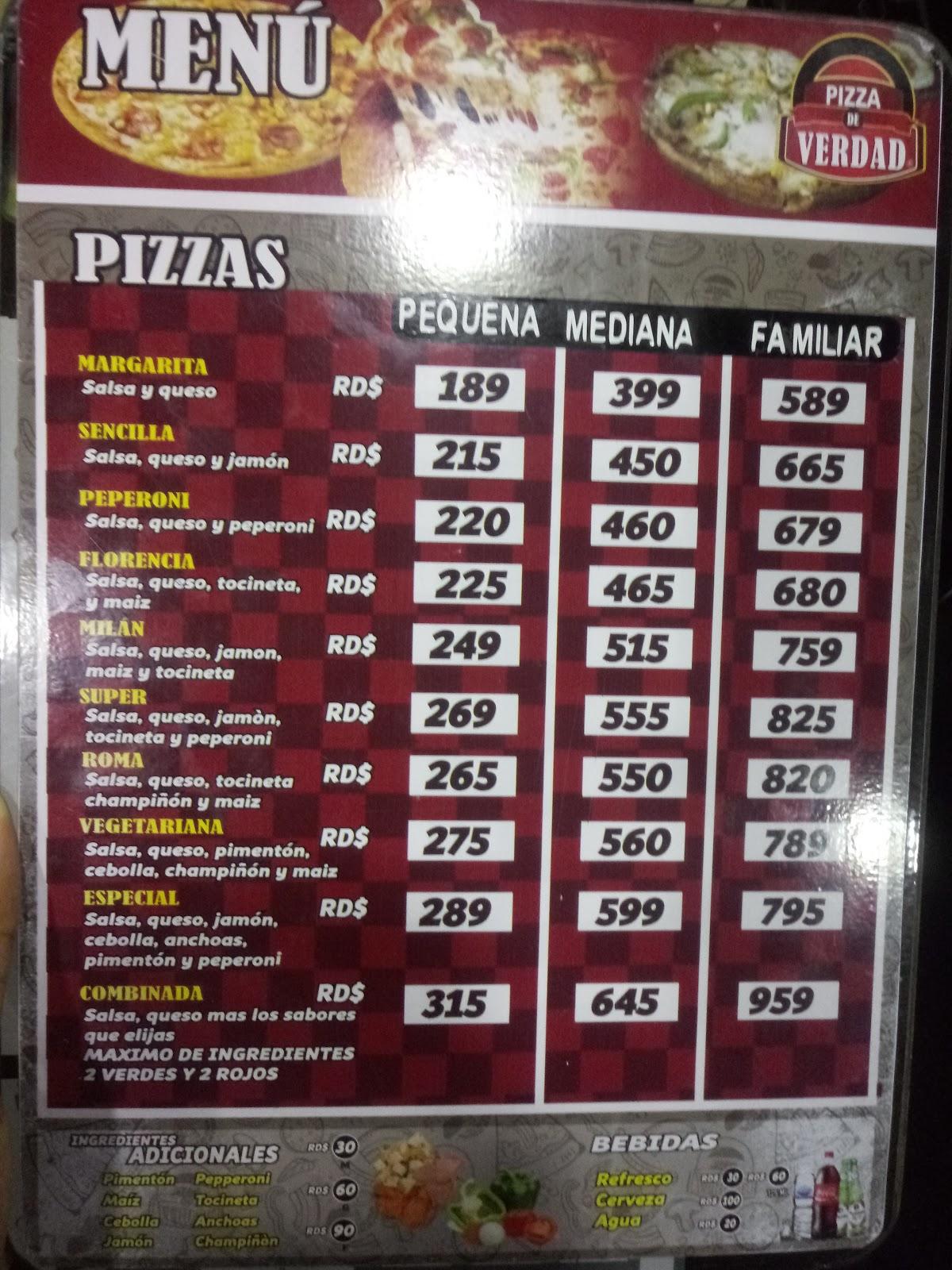 Menu at Pizza de verdad Romulo restaurant, Santo Domingo