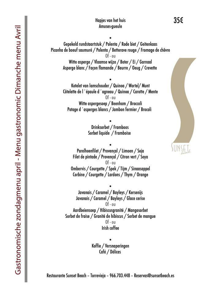 Menu at Restaurante Sunset Beach, Torrevieja