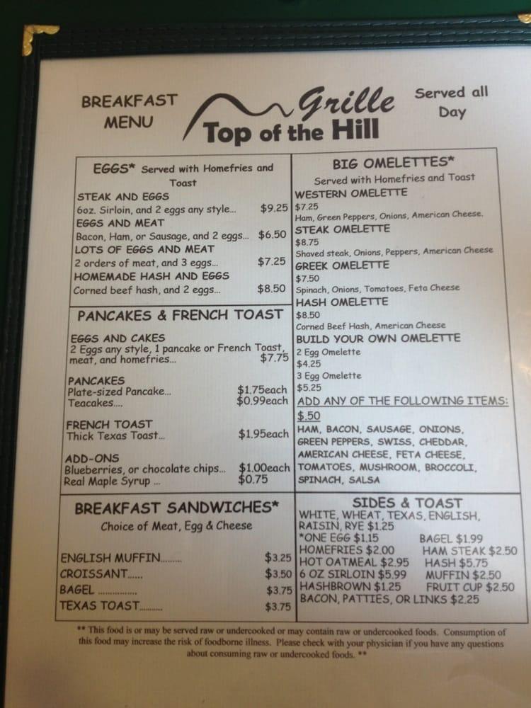 Menu at Top of the Hill Grille cafe, Casco