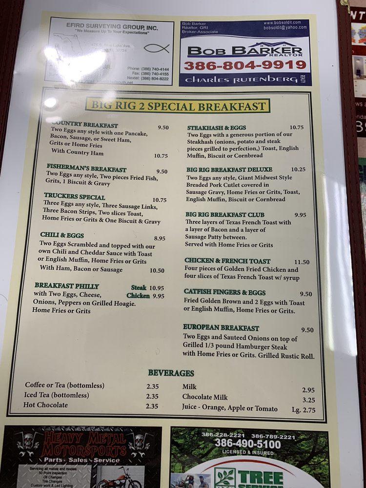 Menu at Big Rig 2 restaurant, DeLand