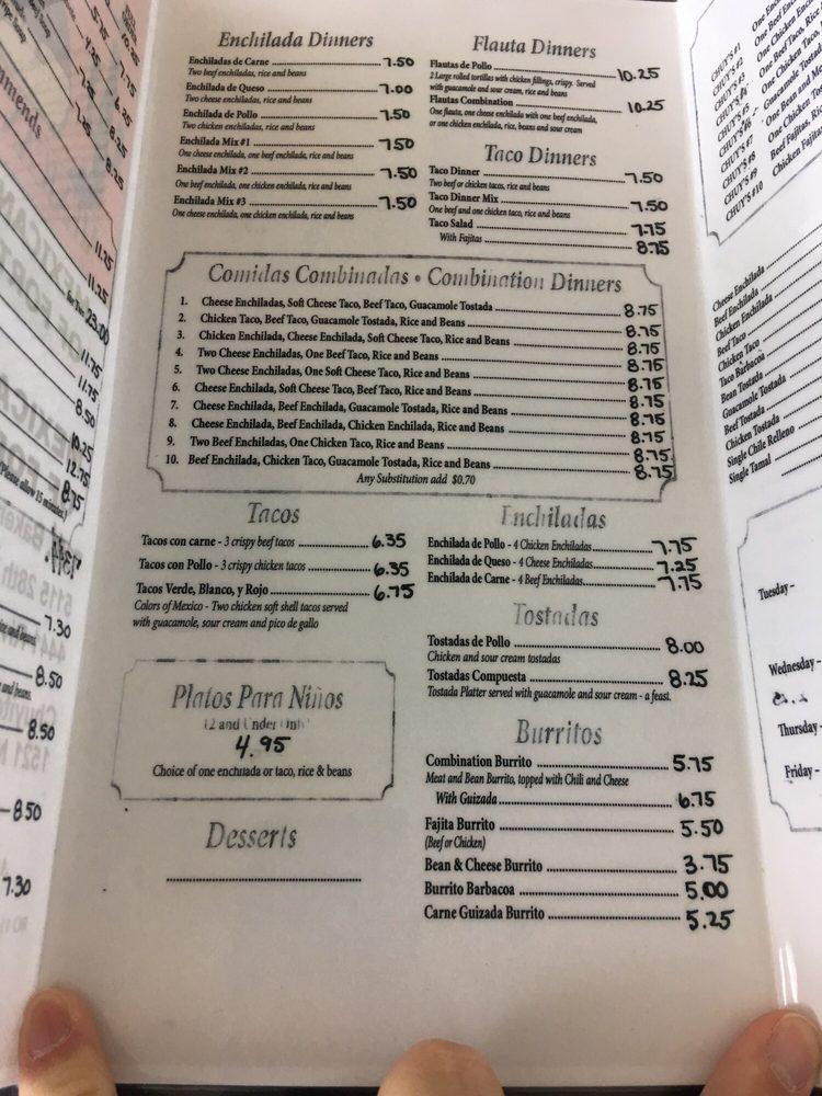 Menu at Chuy's Mexican Restaurant, Richland Hills