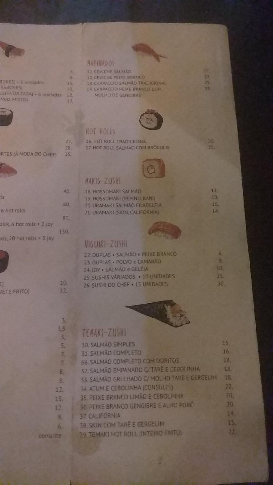 Menu em Ichiro Bar Japones, Ilhabela