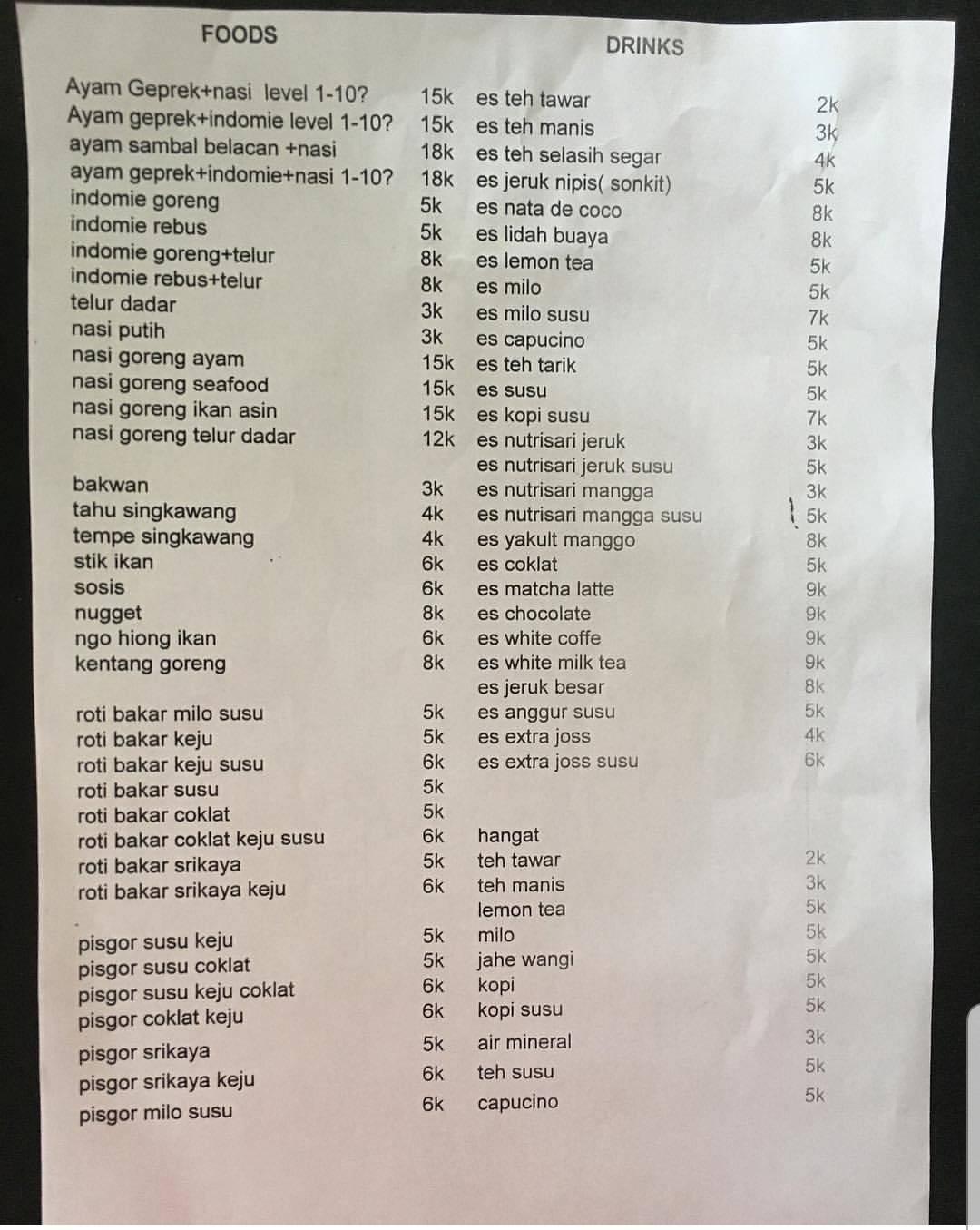 Menu at Kedai Uno cafe, Singkawang