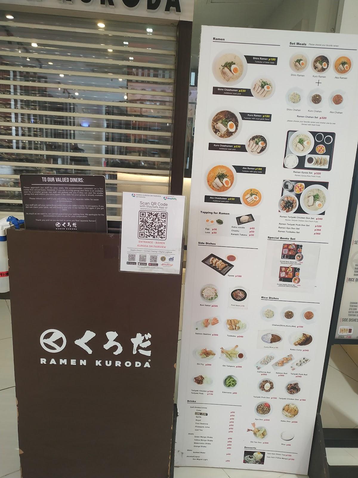 Carta del restaurante Ramen Kuroda SM Fairview, Ciudad Quezon