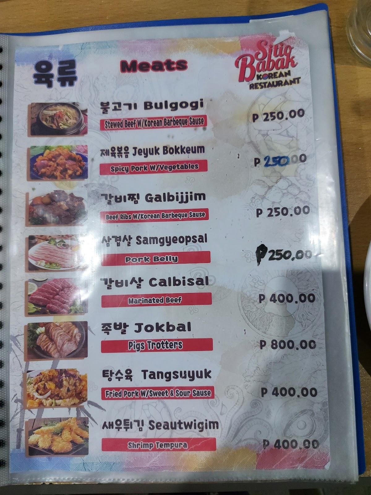 Menu at Sitio Babak restaurant, Davao City
