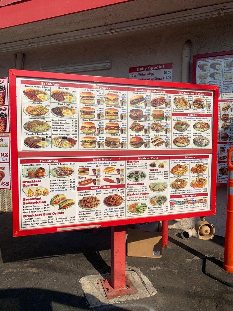 Menu at Troy's Burgers restaurant, Rancho Palos Verdes, S Pacific Ave