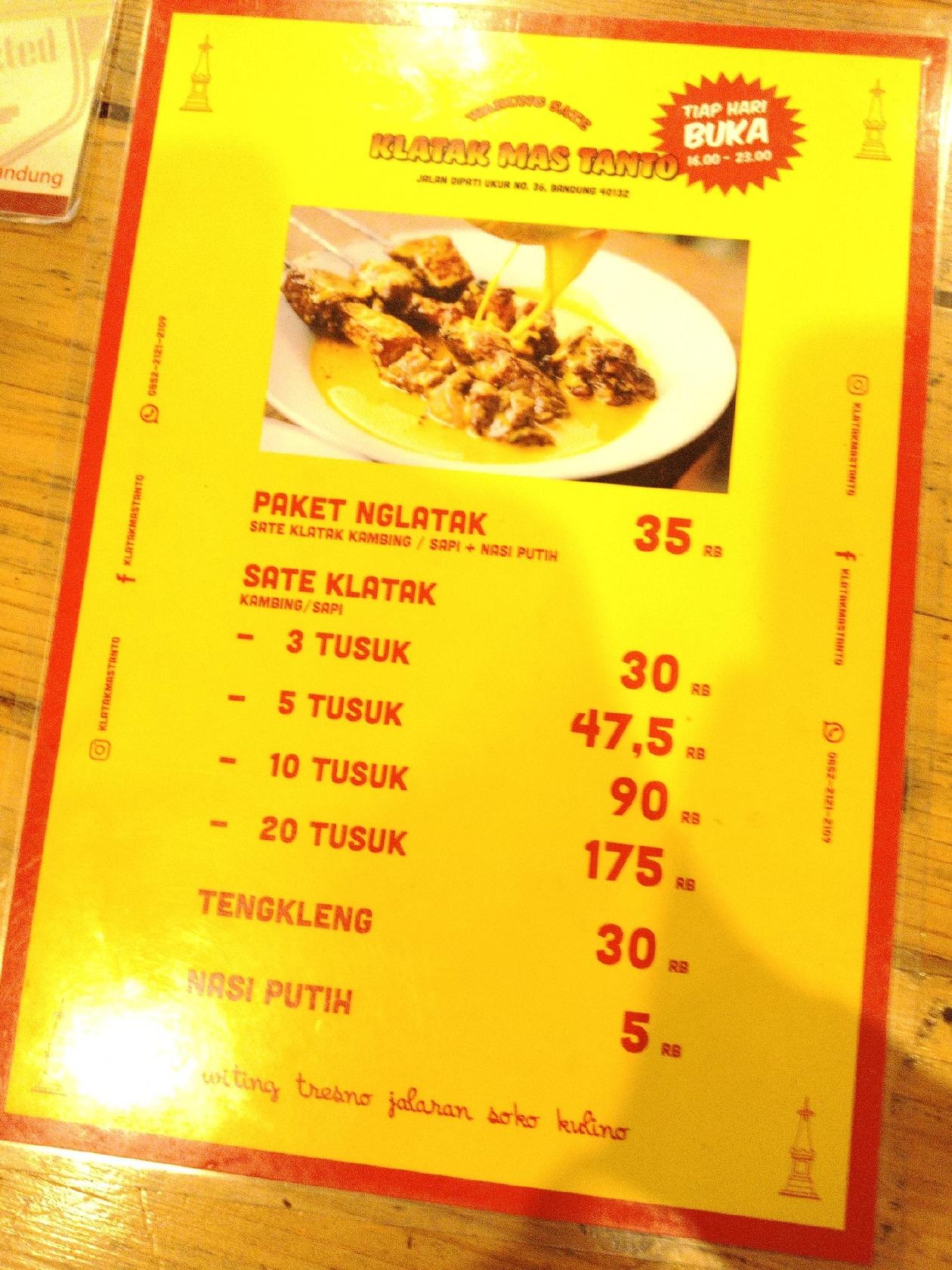 Menu at Warung Sate Klatak Mas Tanto restaurant, Bandung, Jl. Teuku ...