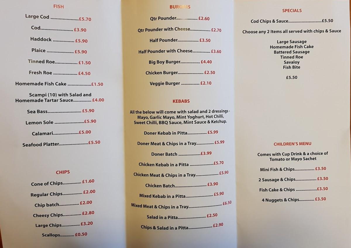 Menu at Whitemoor Road Chippy restaurant, Kenilworth