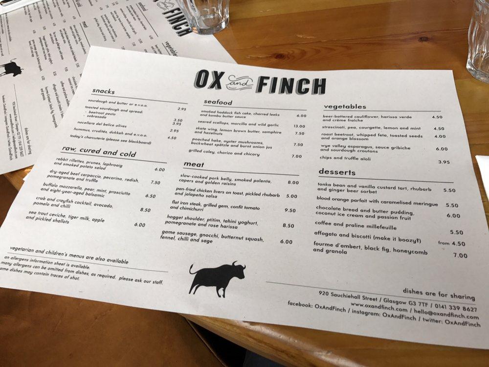 Menu at Ox and Finch restaurant, Glasgow, 920 Sauchiehall St