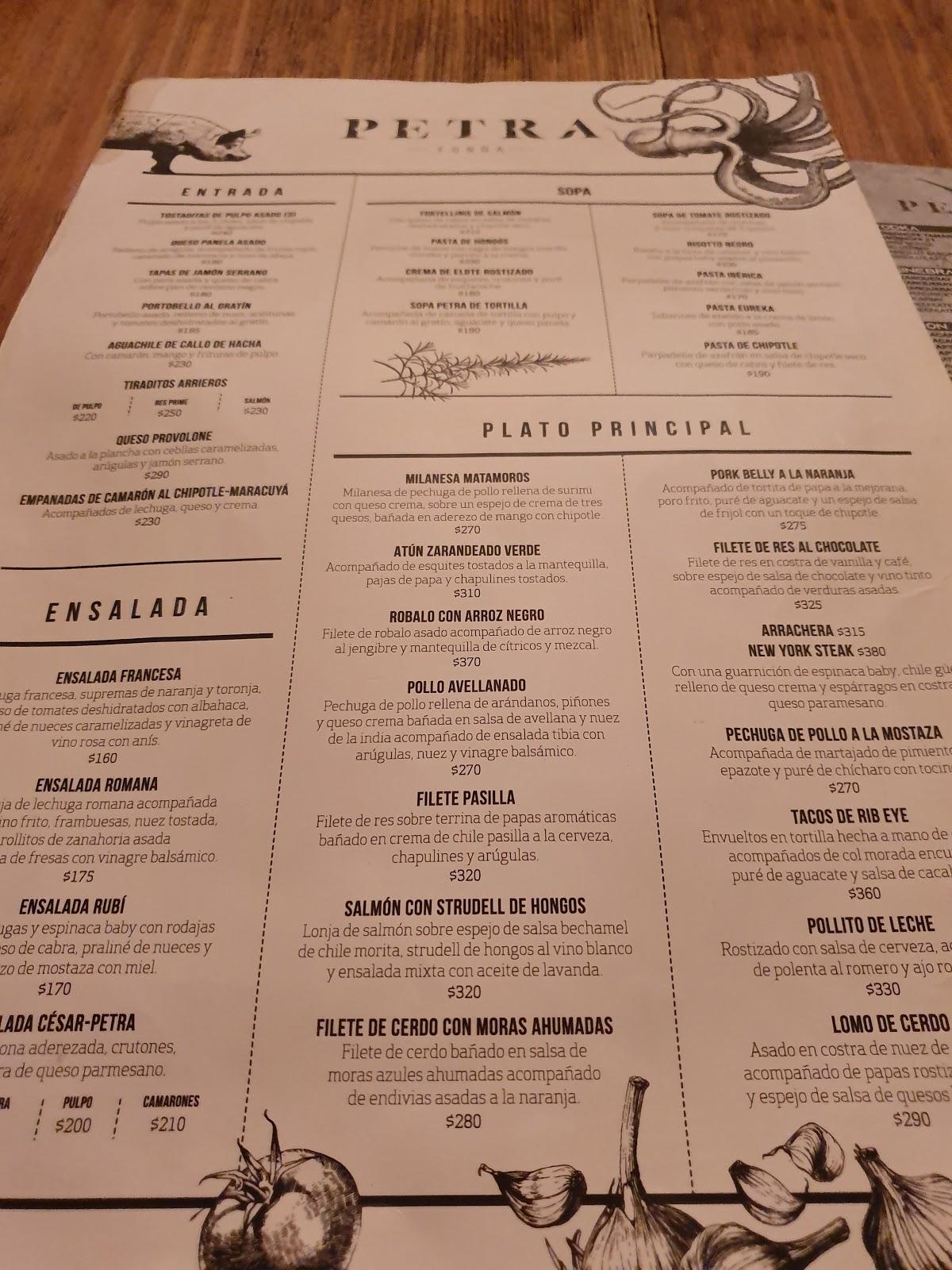 Carta del restaurante Petra Fonda, Toluca del Lerdo