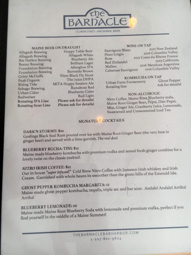 Menu at The Barnacle, Bar Harbor