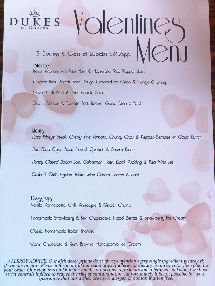 Menu at Dukes at Queens Hotel pizzeria, Belfast