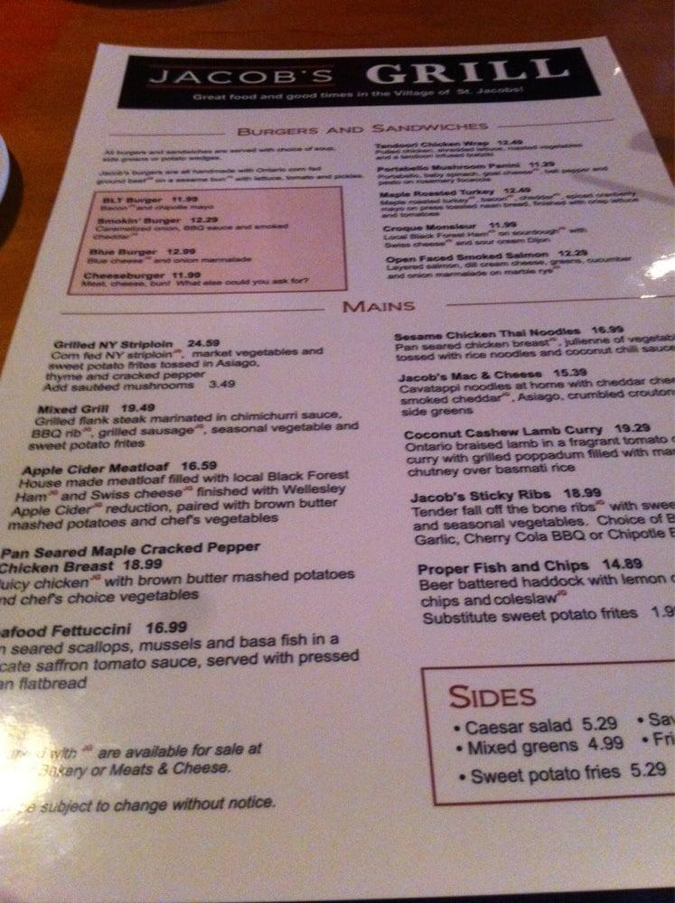 Menu at Jacob's Grill restaurant, Saint Jacobs