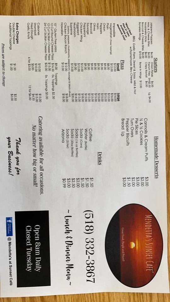 Menu at Mendettas sunset cafe Mayfield NY, Mayfield