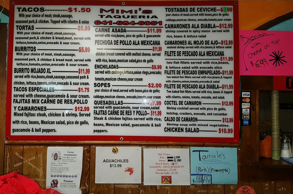 Menu at Mimi's Taqueria restaurant, Ottumwa
