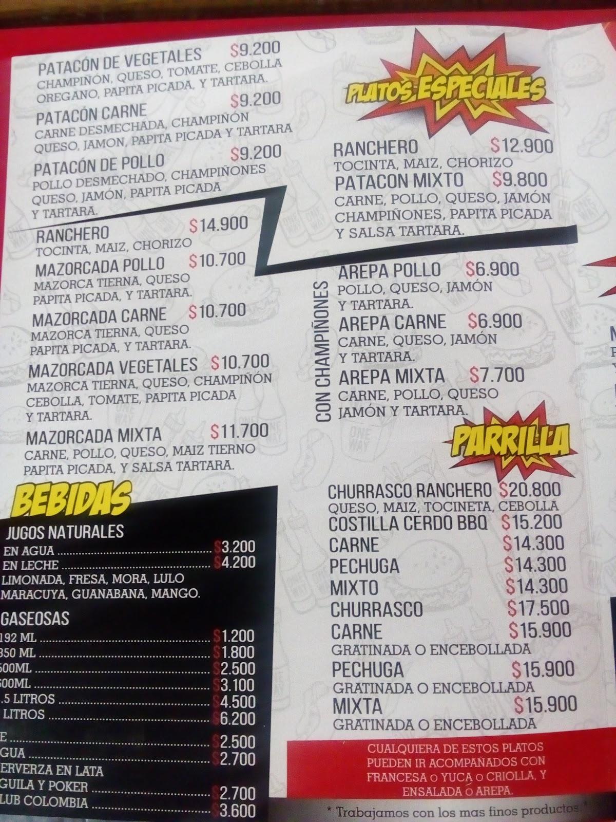 Menu at One Way Comidas Rápidas restaurant, Bogotá, a 46-99 Carrera 9