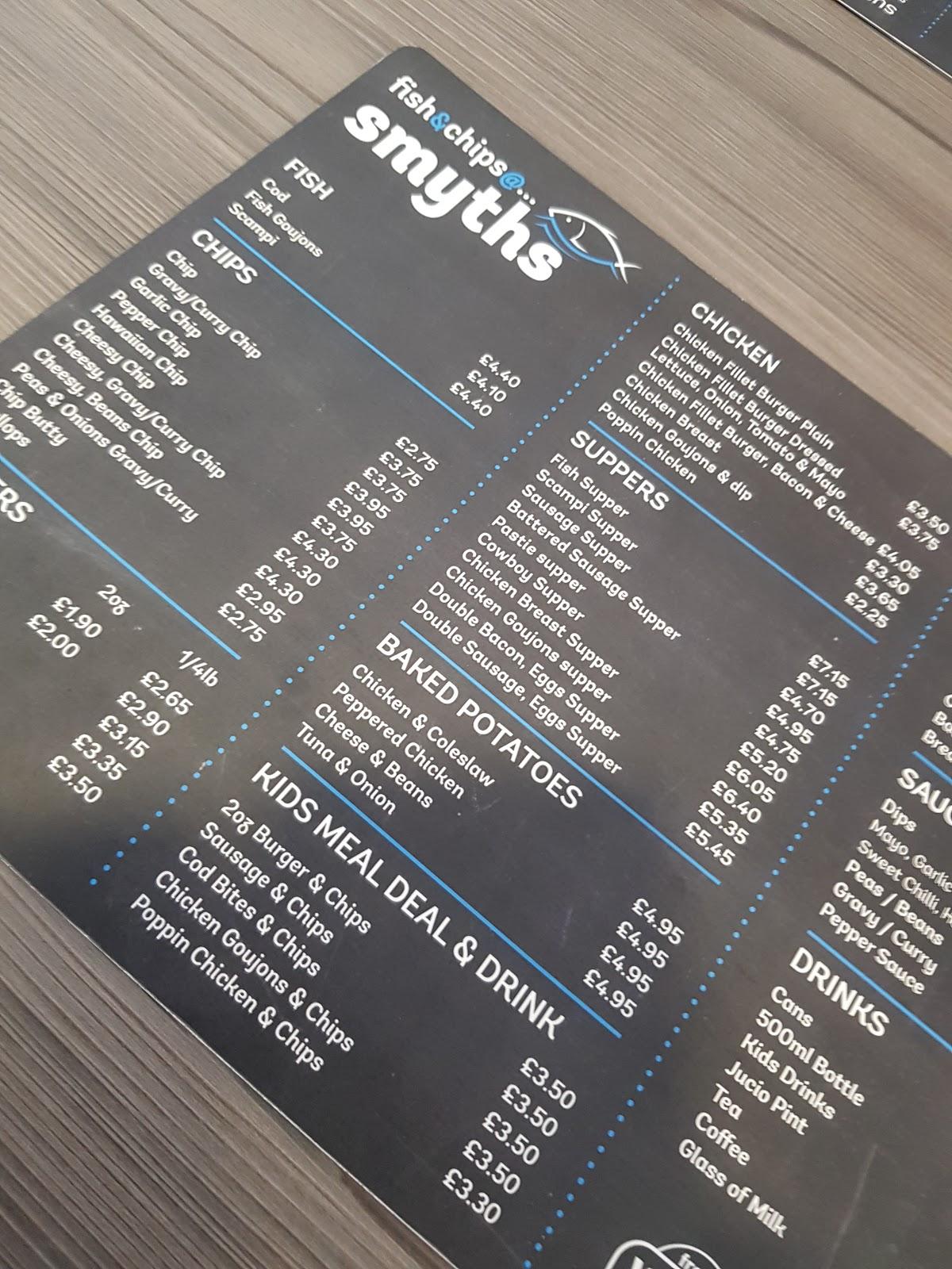 Menu at Smyth's Fish & Chips fast food, Belfast
