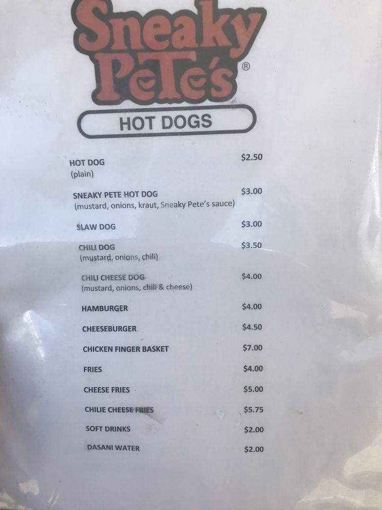 Menu at Sneaky Pete's Hotdogs restaurant, Birmingham, Montgomery Hwy